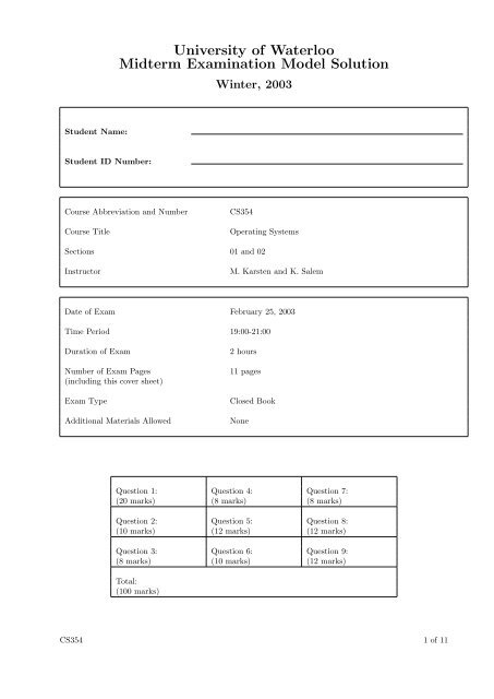 University of Waterloo Midterm Examination Model Solution