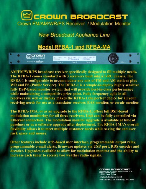 RFBA-1 Brochure - Crown Broadcast