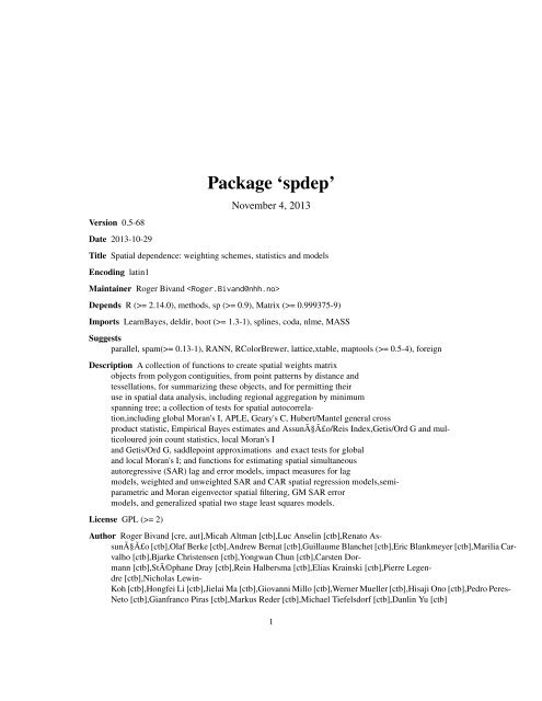 Package 'spdep' - The Comprehensive R Archive Network