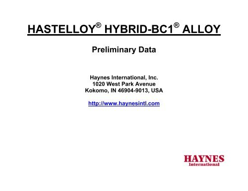HASTELLOY HYBRID-BC1 ALLOY - Haynes International, Inc.