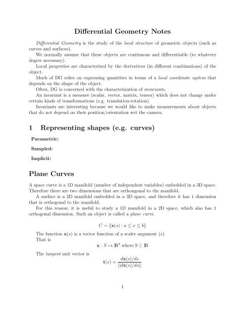 Differential Geometry Notes 1 Representing shapes (e.g. curves ...