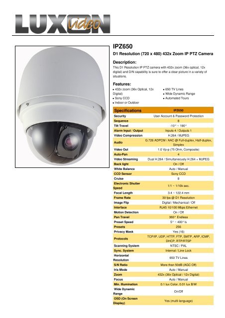 Download Specification Sheet (IPZ650.pdf) - Luxon Video