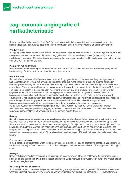 cag: coronair angiografie of hartkatheterisatie - Mca