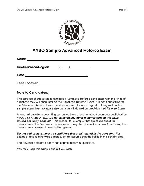 AYSO Sample Advanced Referee Exam