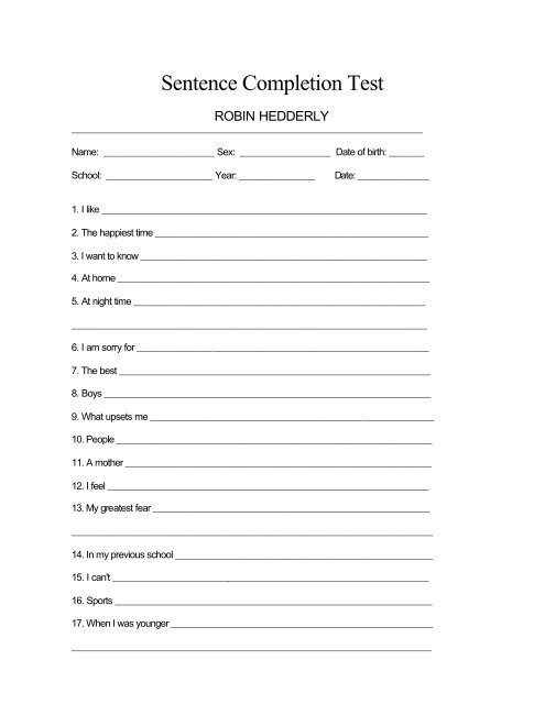 Sentence Completion Test Psychology Sentence Completion Test Psychology