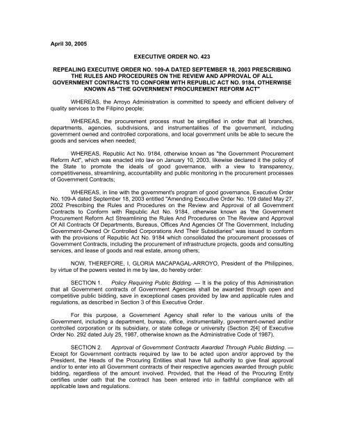 April 30, 2005 EXECUTIVE ORDER NO. 423 REPEALING ... - GPPB