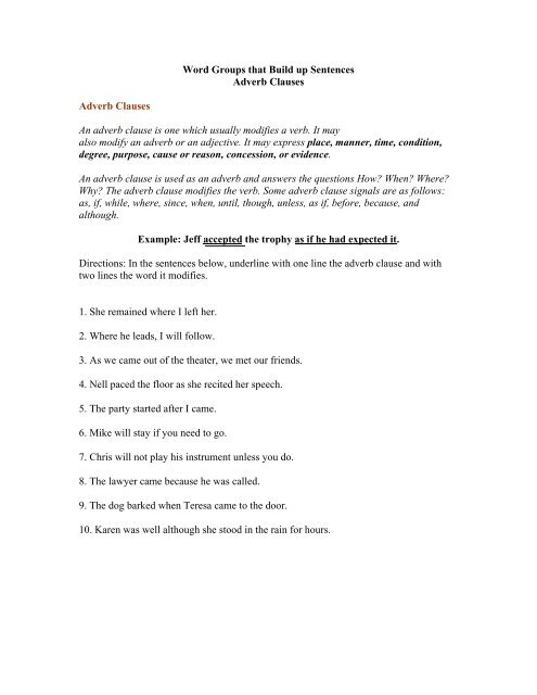 Word Groups that Build up Sentences Adverb Clauses Adverb ...