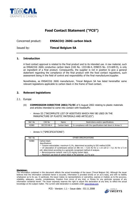 Food contact statement E260G (Version 1.1) - Timcal
