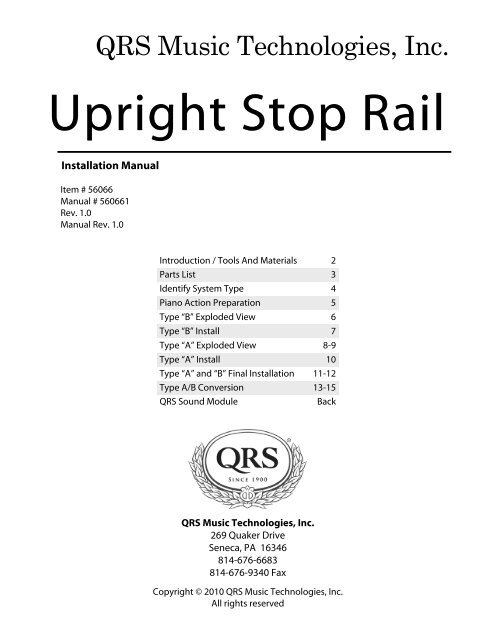 Upright Stop Rail Installation Manual - QRS Music Technology