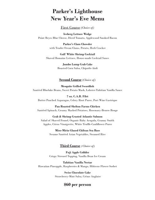Parker's Lighthouse New Year's Eve Menu - Select Restaurants, Inc.