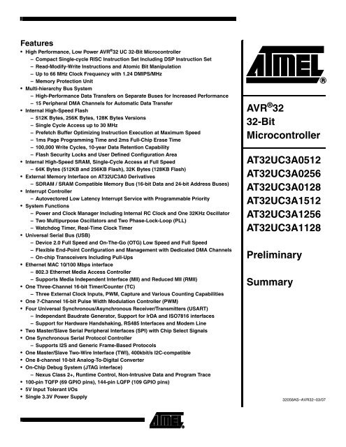 AVR 32 32-Bit Microcontroller AT32UC3A0512 AT32UC3A0256 ...