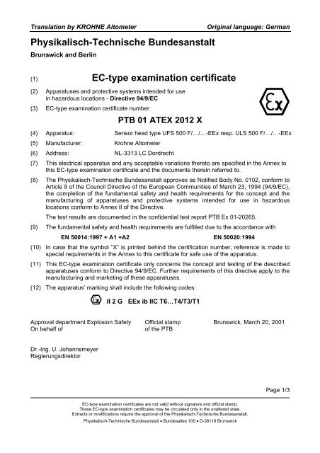 PTB 01 ATEX 2012 X