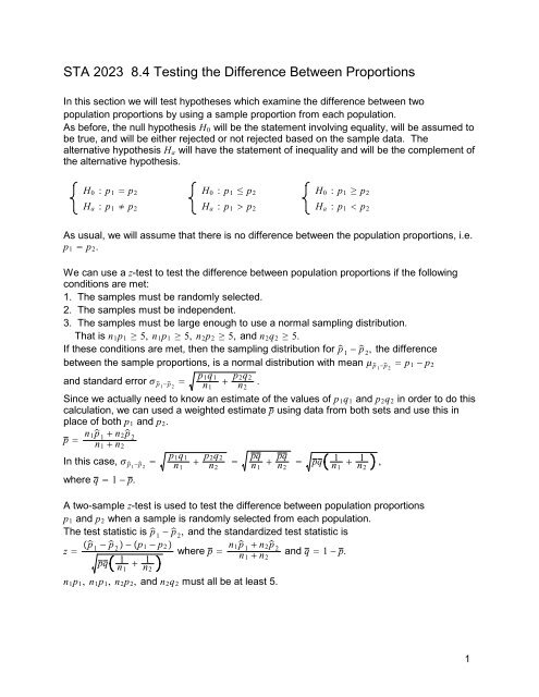 STA 2023 8.4 Testing the Difference Between Proportions