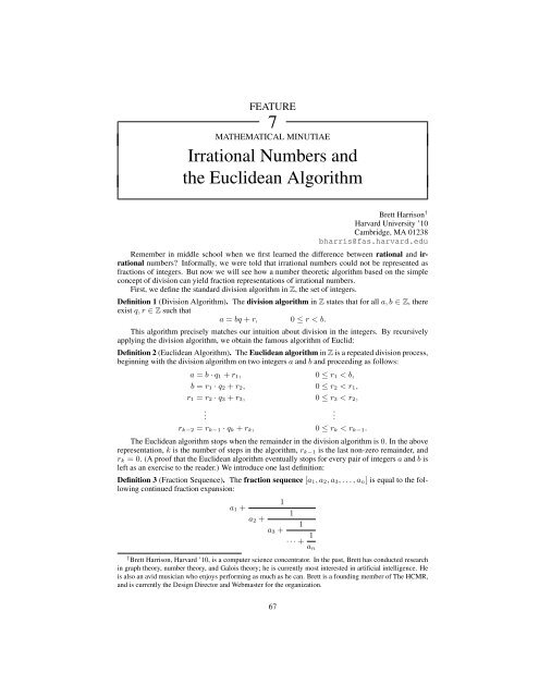 7 Irrational Numbers and the Euclidean Algorithm - Harvard College ...
