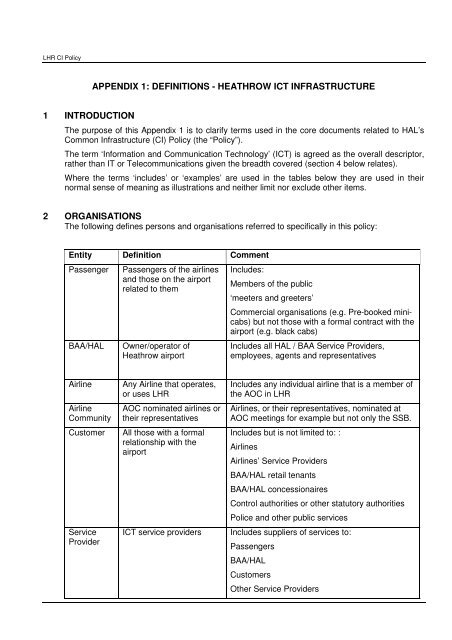 APPENDIX 1: DEFINITIONS - HEATHROW ICT ... - Heathrow Airport