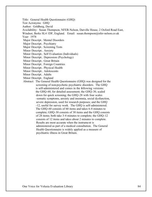 General Health Questionnaire (GHQ) - One Voice for Volusia