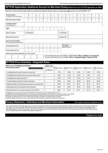 EFTPOS Additional Merchant Request - Tyro