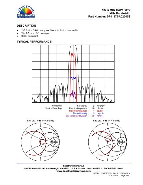 137.5 MHz SAW Filter 1 MHz Bandwidth Part Number - Spectrum ...