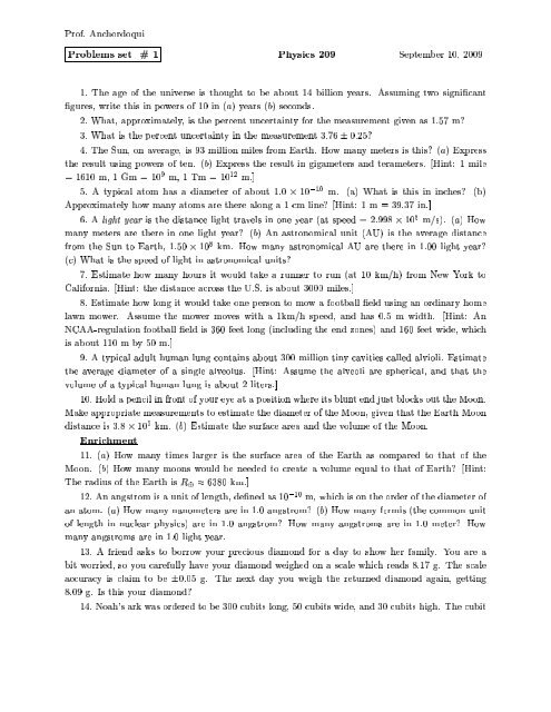 Prof. Anchordoqui Problems set # 1 Physics 209 September 10 ...
