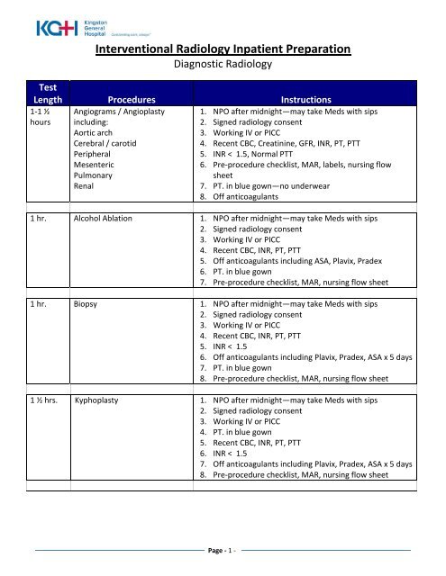 Interventional Radiology Inpatient Preparation sheet