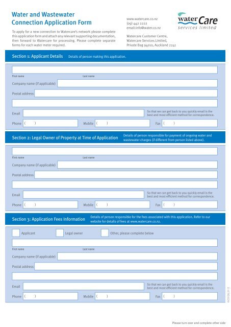 Water and Wastewater Connection Application Form - Watercare