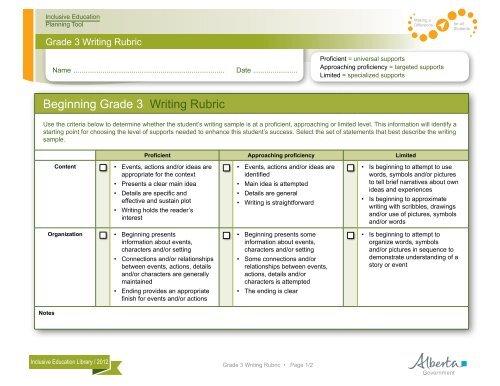 Beginning Grade 3 Writing Rubric - LearnAlberta.ca