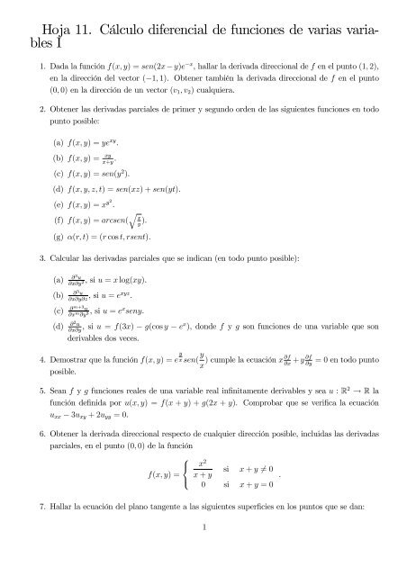 Hoja 11. CÃ¡lculo diferencial de funciones de varias varia- bles I