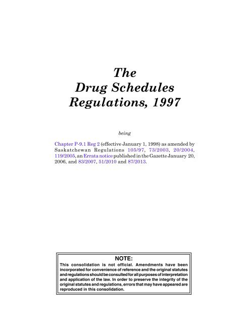 Drug Schedules Regulations, 1997 - Saskatchewan College of ...