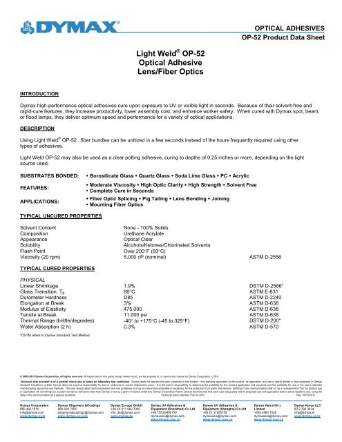 Dymax OP-52 Optical Adhesive Product Data Sheet