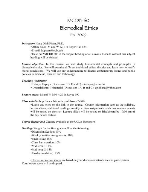 MCDB 60 Biomedical Ethics - UCLA