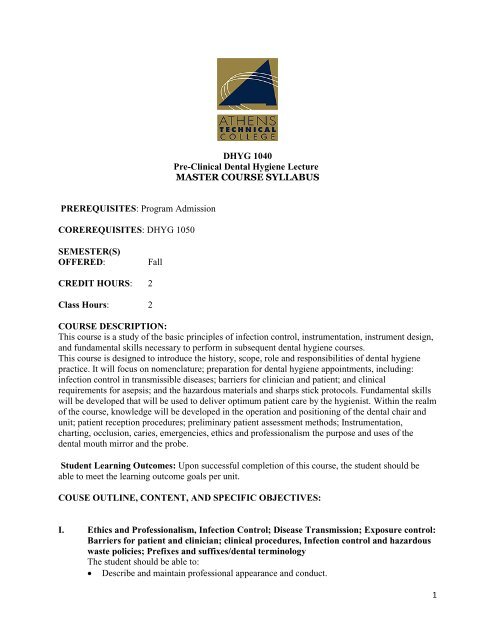 DHYG 1040 Pre-Clinical Dental Hygiene Lecture MASTER COURSE