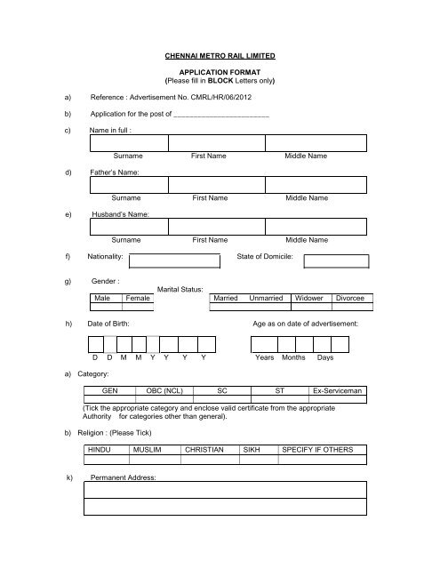 application form - Chennai Metro Rail