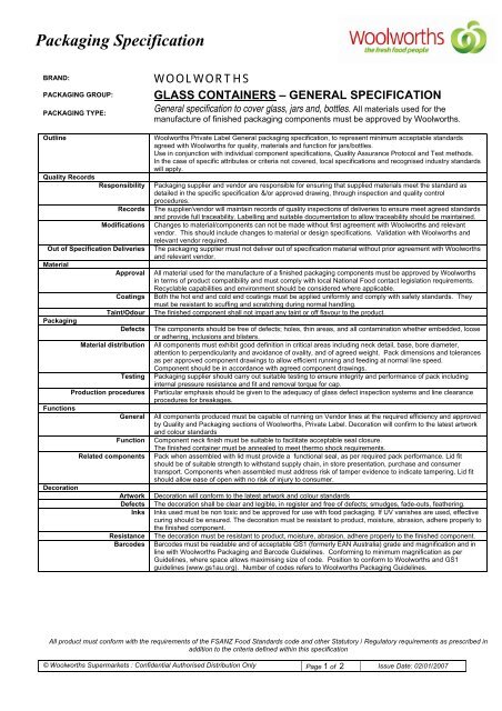 Packaging Specification - Woolworths wowlink