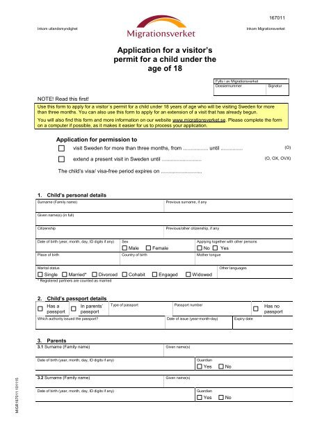 Application for a visitor's permit for a child under ... - Migrationsverket