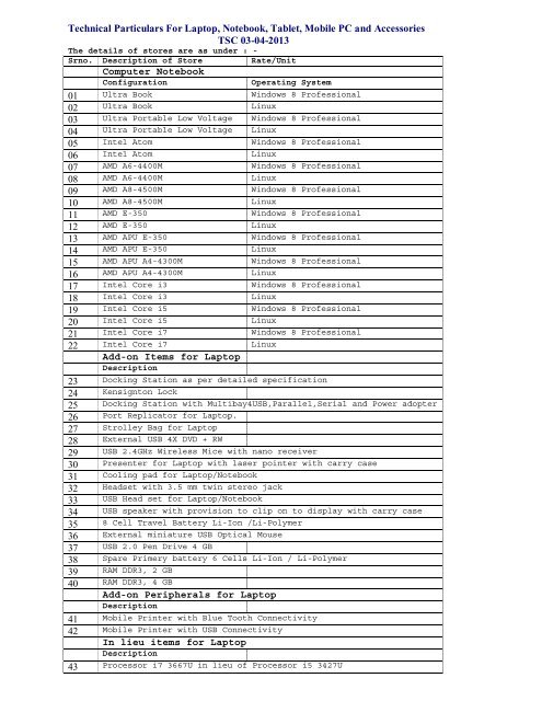 Technical Particulars For Laptop, Notebook, Tablet, Mobile PC and ...