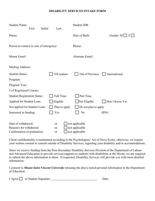 DISABILITY SERVICES INTAKE FORM Student Name - Mount Saint ...