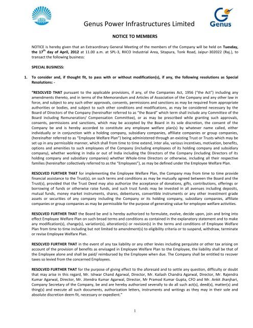 Notice - Genus Power Infrastructures Ltd.