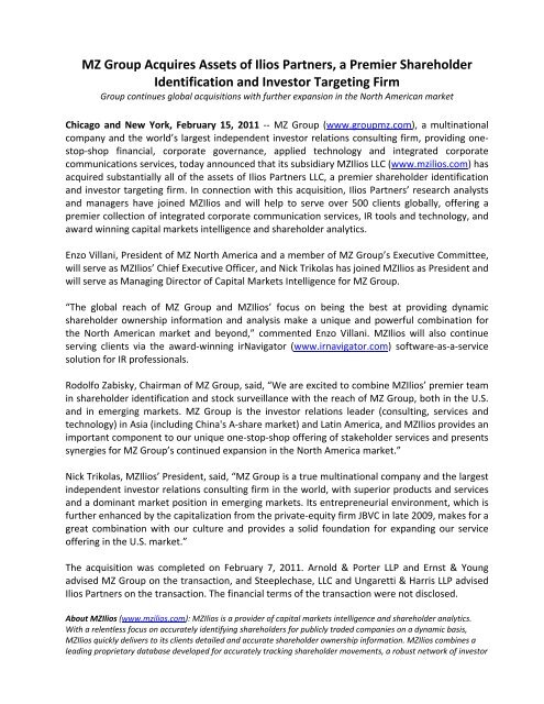 MZ Group Acquires Assets of Ilios Partners, a Premier ... - MZIlios