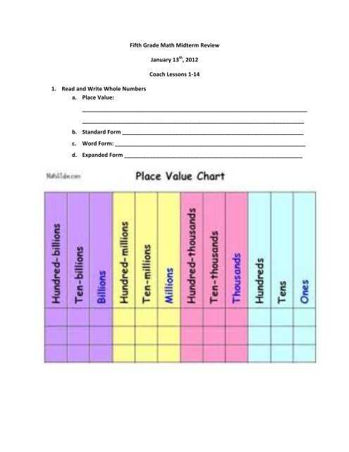 Fifth Grade Math Midterm Review