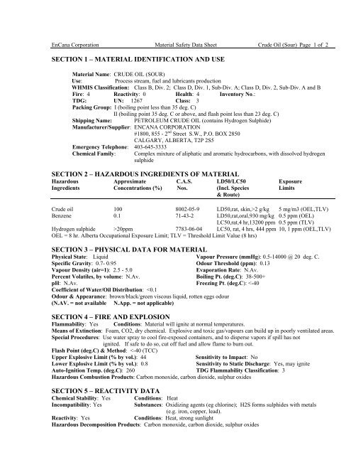 Crude oil (sour) Material Safety Data Sheet - Encana