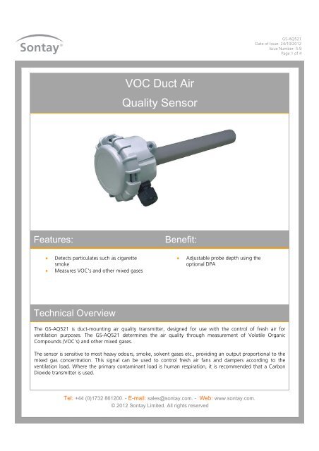 VOC Duct Air Quality Sensor - Sontay