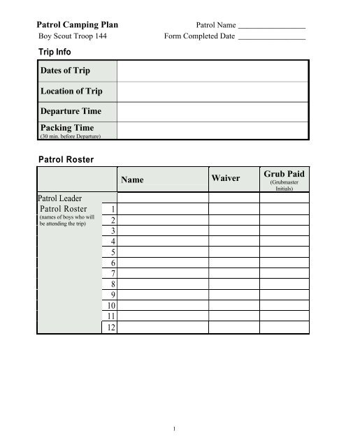 Patrol Camping Plan Trip Info Patrol Roster Name Waiver Grub Paid ...