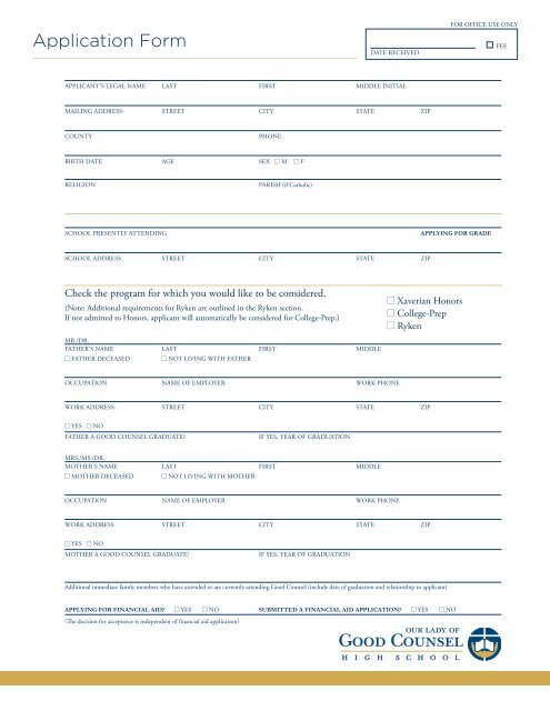 Application Form - Our Lady of Good Counsel High School