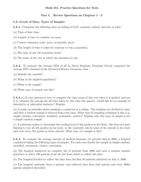 Math 251, Practice Questions for Tests Part I. Review Questions on ...