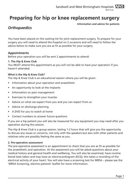 Preparing for hip or knee replacement surgery - Sandwell & West ...