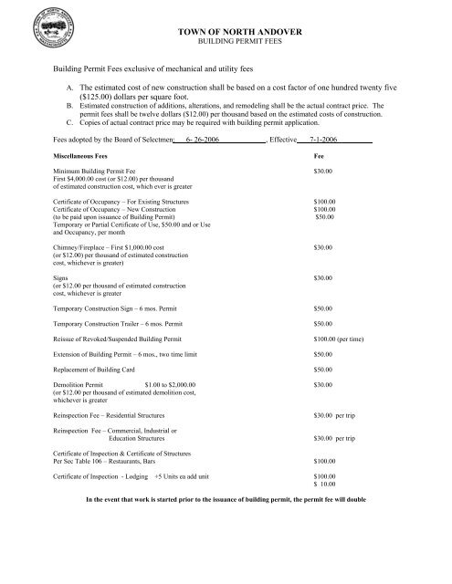 Building Permit Fees - Town of North Andover