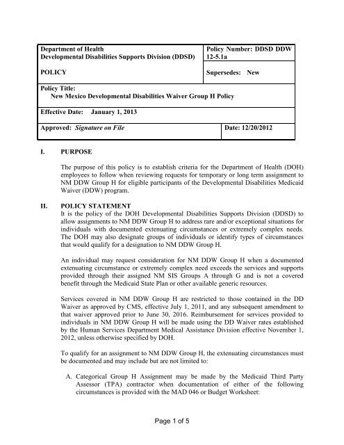 New Mexico Developmental Disabilities Waiver Group H Policy ...