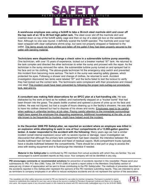 SAFETY LETTER - Petroleum Equipment Institute