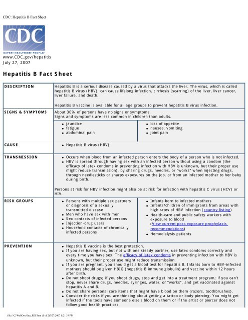 Hepatitis B Fact Sheet - STD Toolkit
