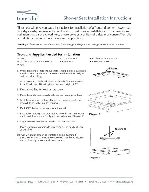 Shower Seat Installation Instructions - Transolid